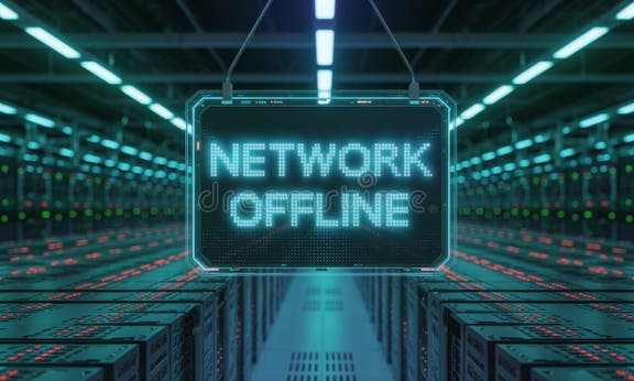 Digital NETWORK OFFLINE Warning Sign in a Modern Data Center Server ...