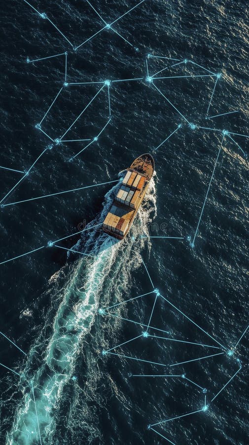 Digital Network Overlay with Cargo Ship in Ocean Stock Illustration ...