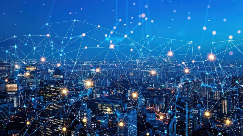 A Digital Network Overlay on a Cityscape, Representing Connectivity and ...