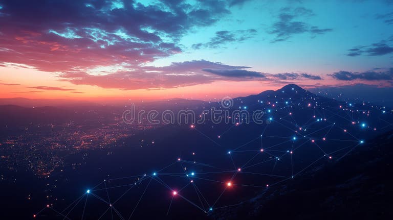 A Digital Network Overlay Covers a Mountain Range at Sunset. Stock ...