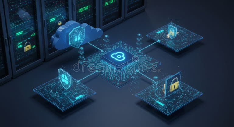 Digital Network Security and Cloud Computing Concept Stock Illustration - Illustration of rack ...