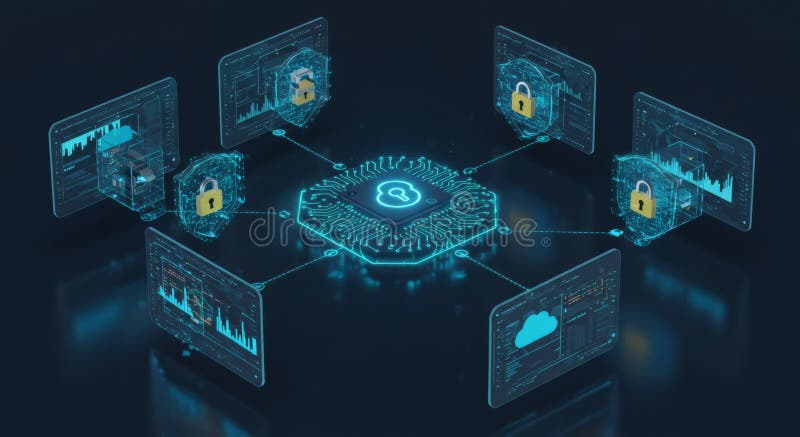 Digital Network Security and Data Protection Concept Stock Illustration - Illustration of cloud ...