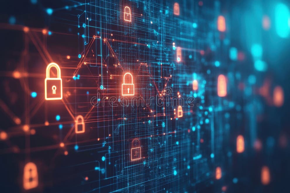 Digital Network Security with Glowing Padlocks Stock Illustration ...