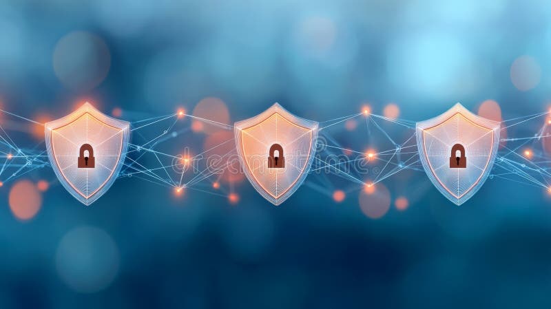 Digital Network of Shield Icons Connected in a Glowing Web with Blue ...
