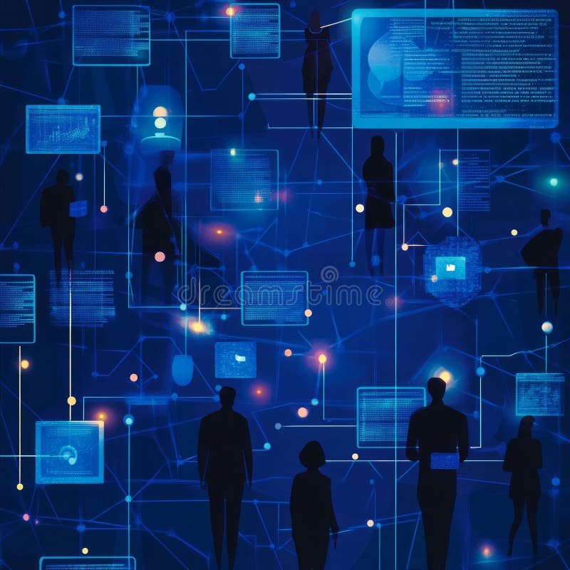 Digital Network with Silhouetted Figures and Data Elements in Blue ...