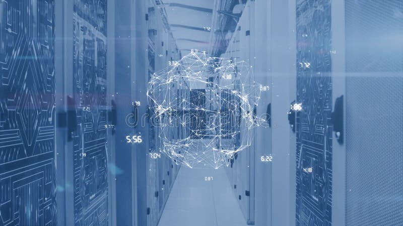 Digital Network Sphere Animation Over Servers in Data Center Hallway ...