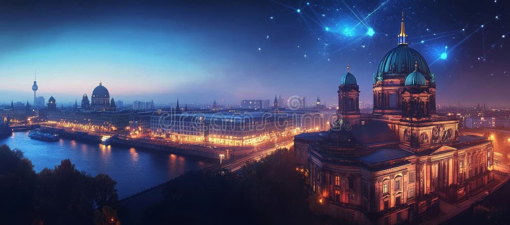 Digital Network Technology Concept: Abstract Cityscape with Reichstag ...