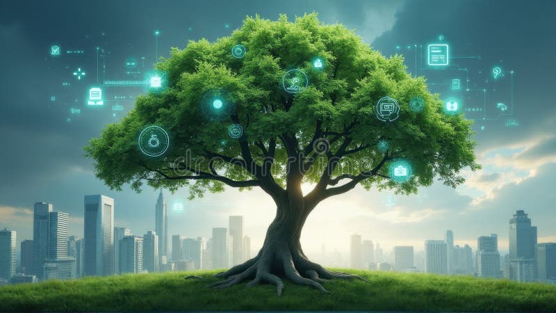 Digital Network Tree in Cityscape. Stock Illustration - Illustration of ...