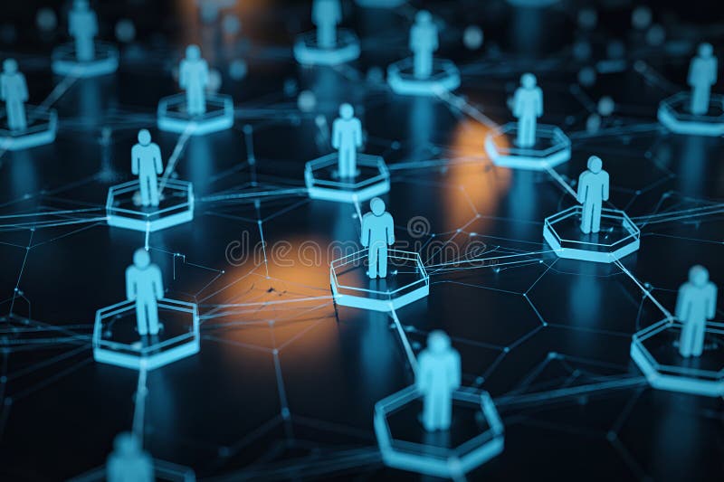 Hexagonal Nodes with Person Silhouettes in Blue Orange Digital Network ...