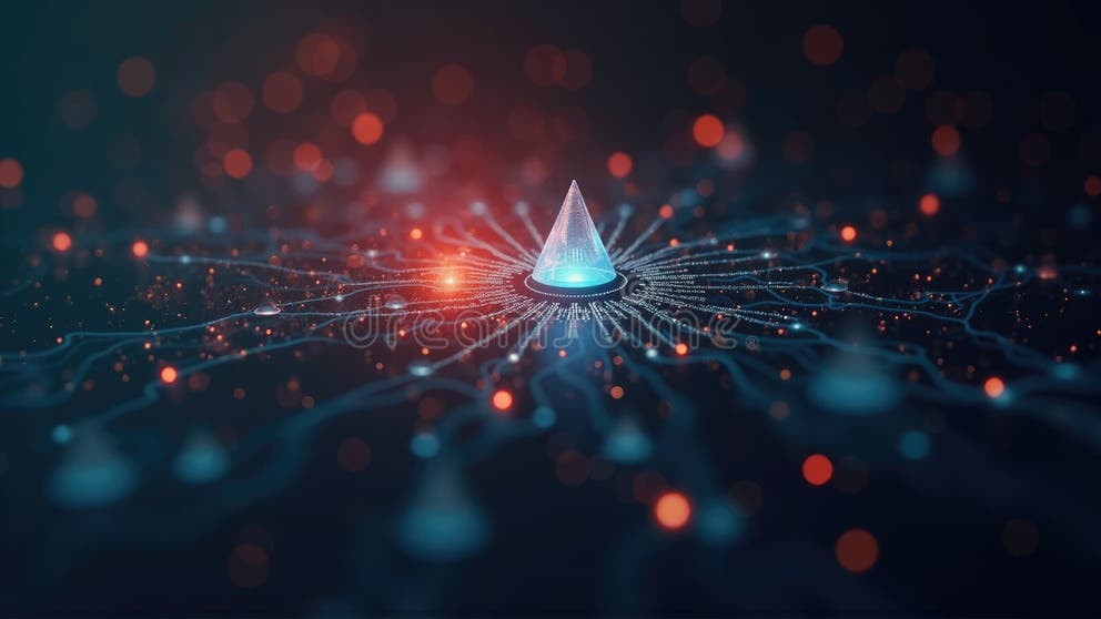 Digital Network Visualization with Glowing Elements and Central Pyramid ...