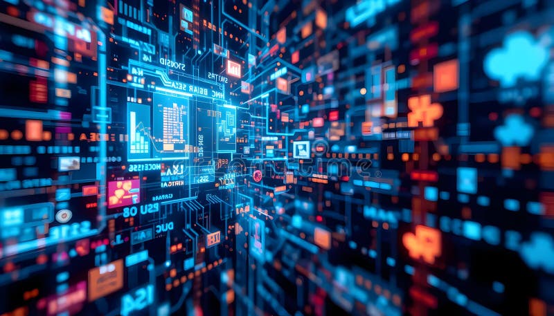 Digital Network Visualization with Glowing Lights and Information ...