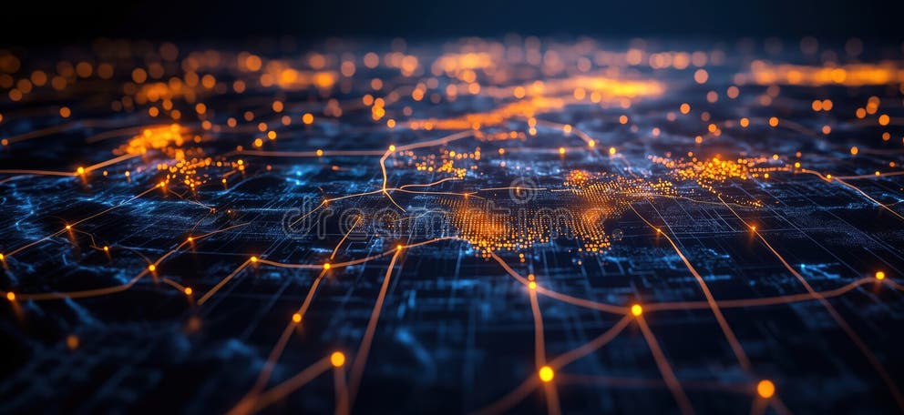 Digital Network Visualization with Glowing Nodes and Connections Across ...