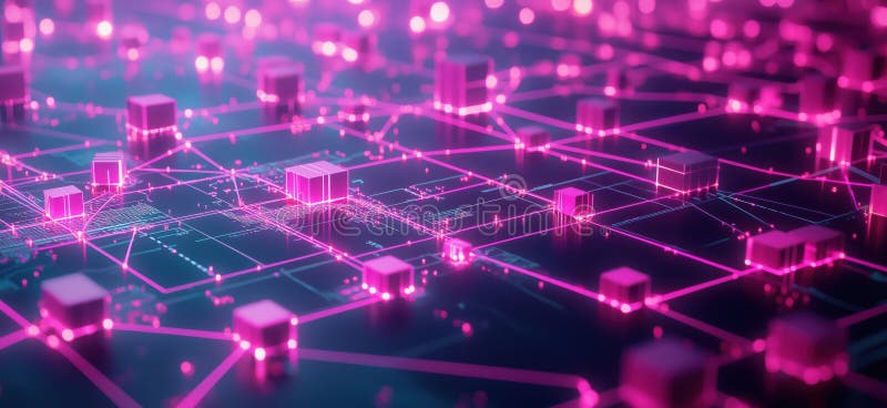 Digital Network Visualization with Glowing Pink Cubes and ...