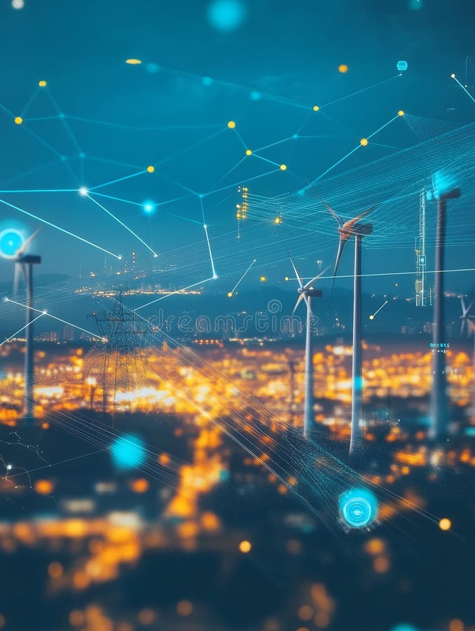 Digital Network Visualization Over a City Skyline with Wind Turbines at ...