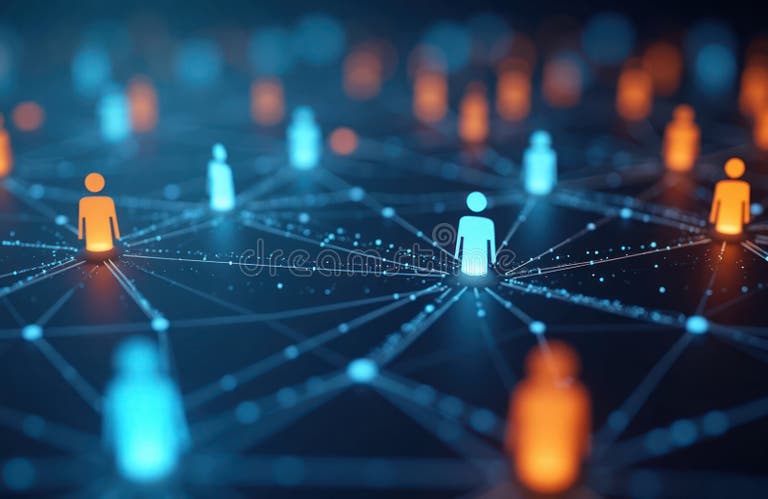 Digital Network Visualization. People Figures Connected by Glowing ...