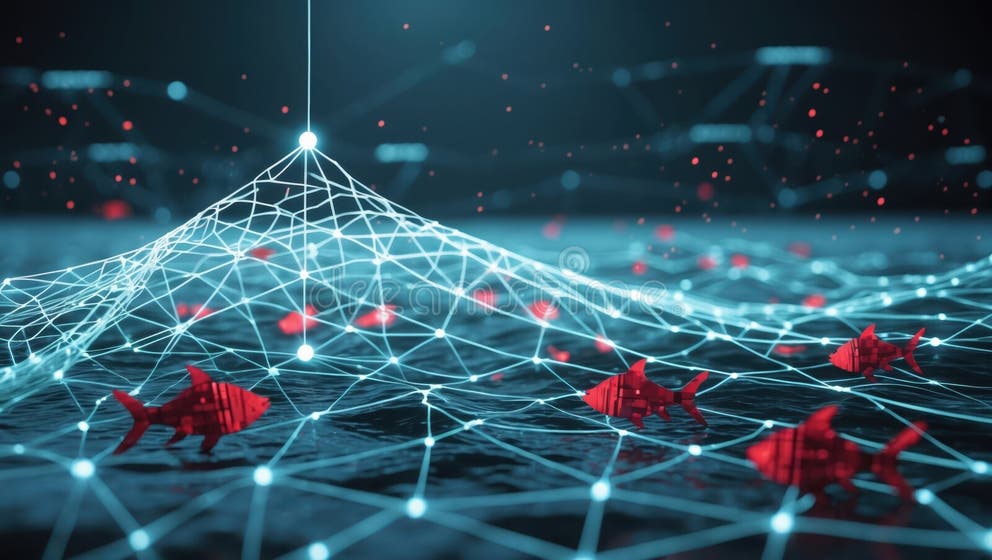 Digital Network Visualization with Red Fish Symbols Representing Data ...