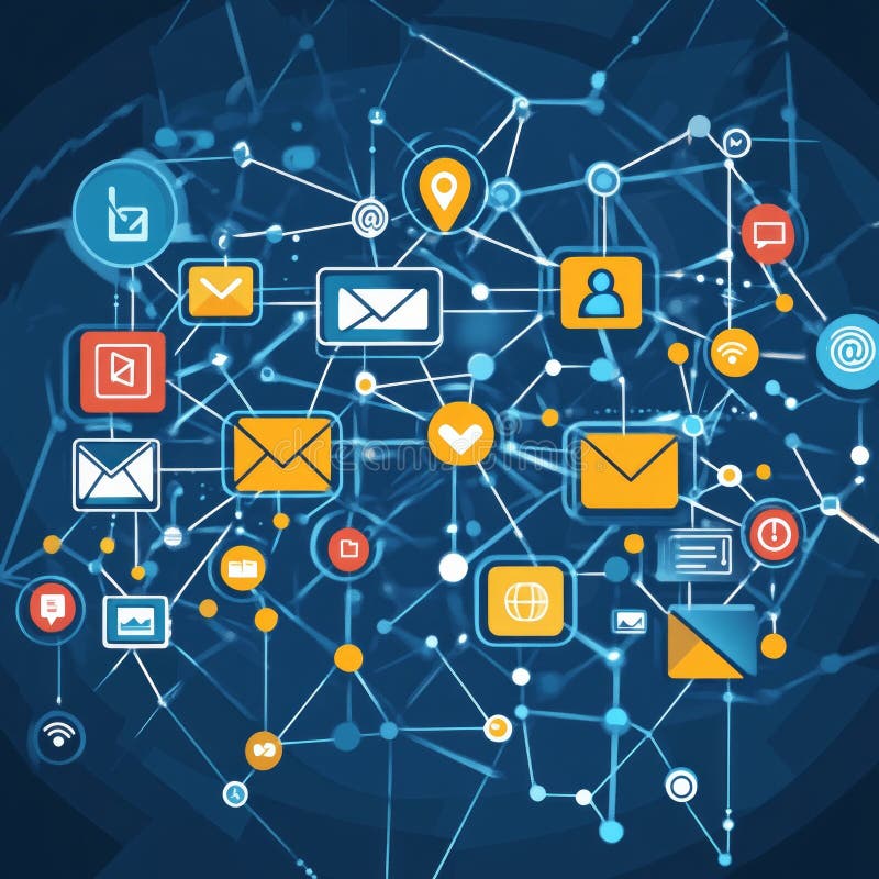 Digital Networking and Communication Icons on a Connected Blue ...