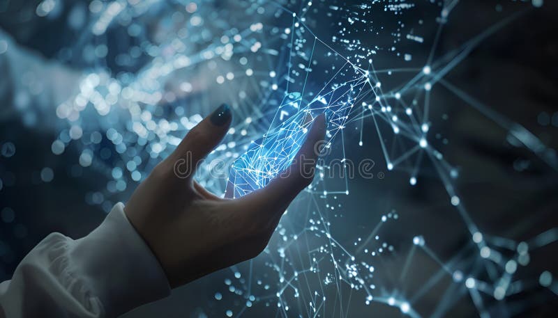 Digital Neural Network.Business Woman Hand Touching Introduction of ...