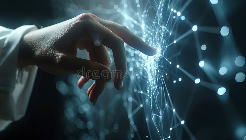 Digital Neural Network.Business Woman Hand Touching Introduction of ...