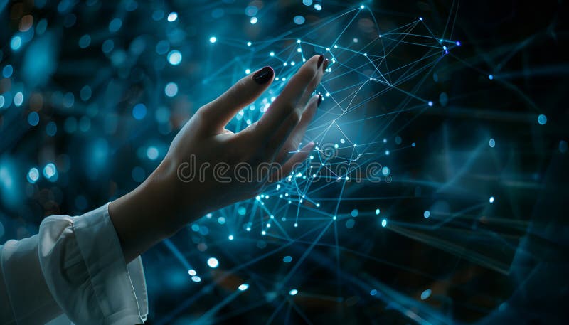 Digital Neural Network.Business Woman Hand Touching Introduction of ...
