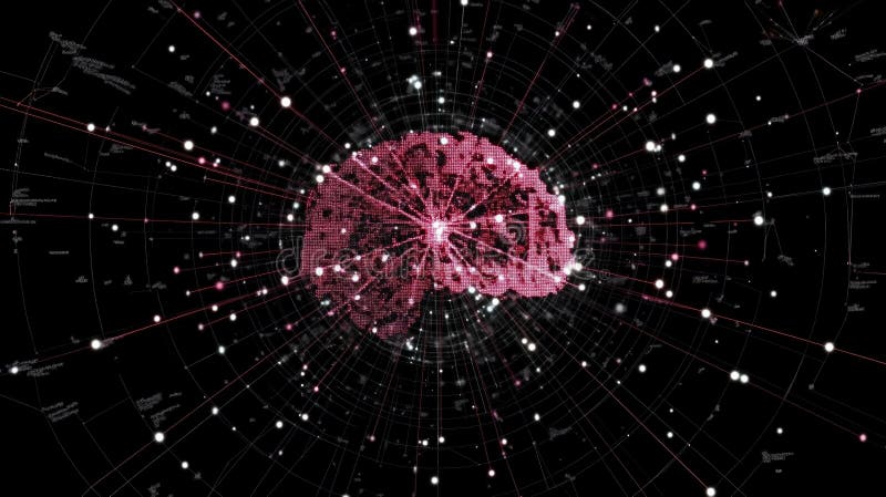 Digital Neural Network Sphere with Pink Brain and White Nodes on Black ...