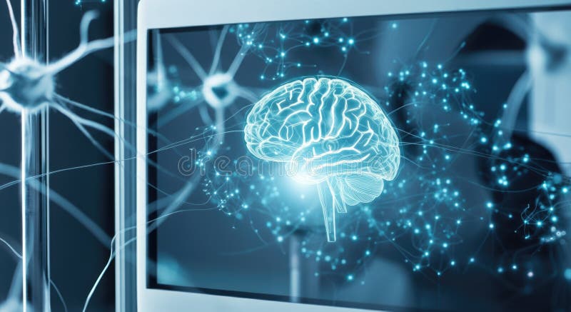 Digital Neural Network Visualization With Glowing Brain On Screen Stock Illustration