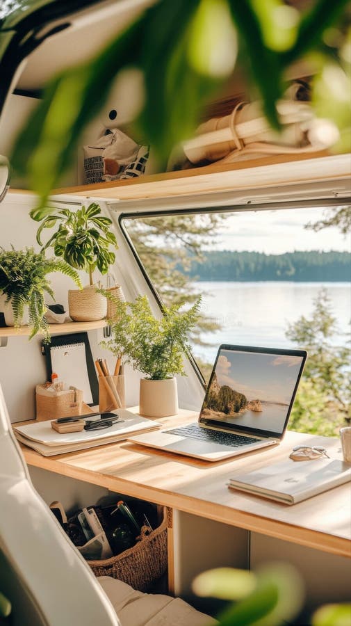 Digital Nomad Enjoying Serene Lake Views while Working in a Cozy Camper ...
