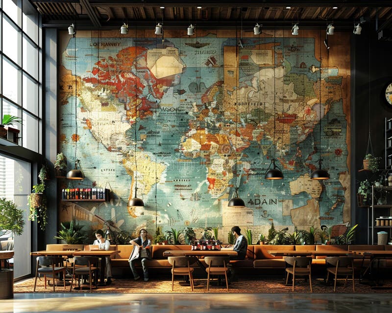 Digital Nomad Hub with Global Decor and Collaborative Workspaces Stock ...