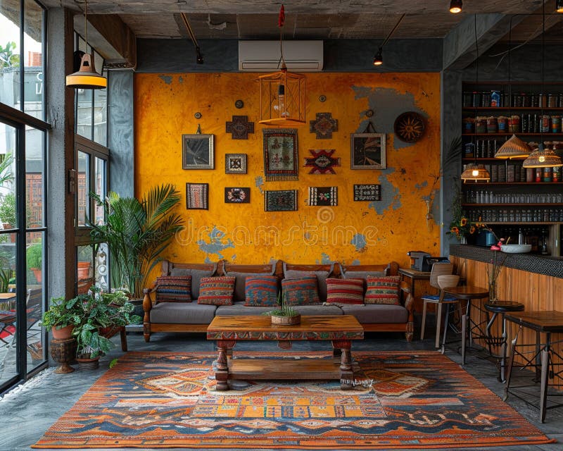 Digital Nomad Hub with Global Decor and Collaborative Workspaces Stock ...