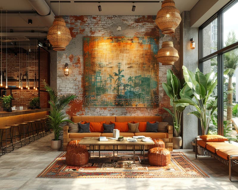 Digital Nomad Hub with Global Decor and Collaborative Workspaces Stock ...