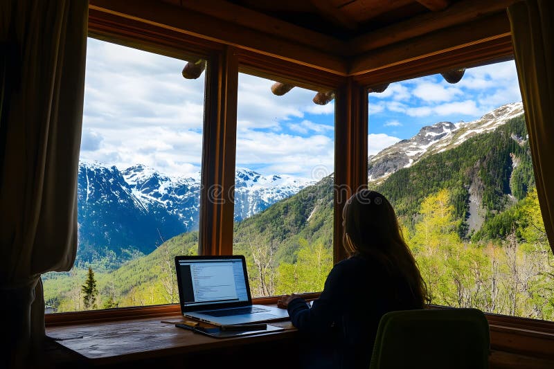 Digital Nomad at Mountain Cabin, Working Remotely, Breathtaking View Outside Large Window Stock ...