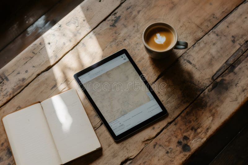 Digital Nomad Planning Next Trip with Tablet, Notebook and Coffee on ...