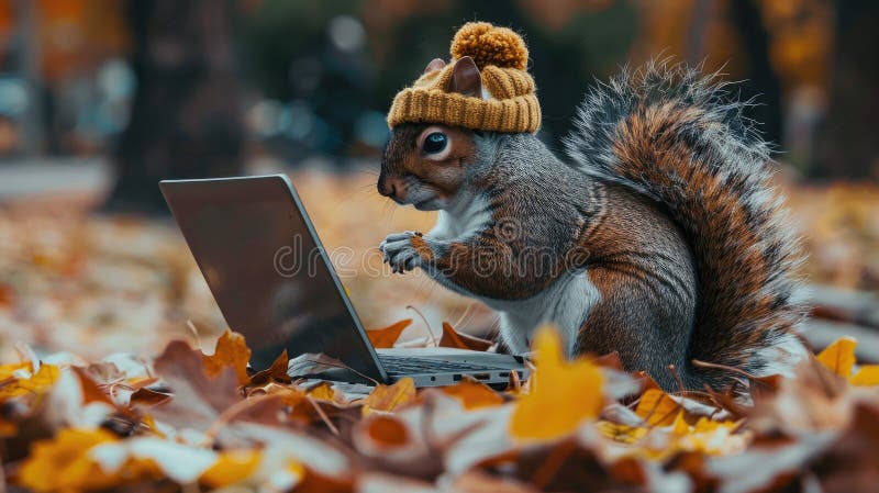 Digital Nomad Typing on a Laptop in a Park with a Squirrel Curiously ...