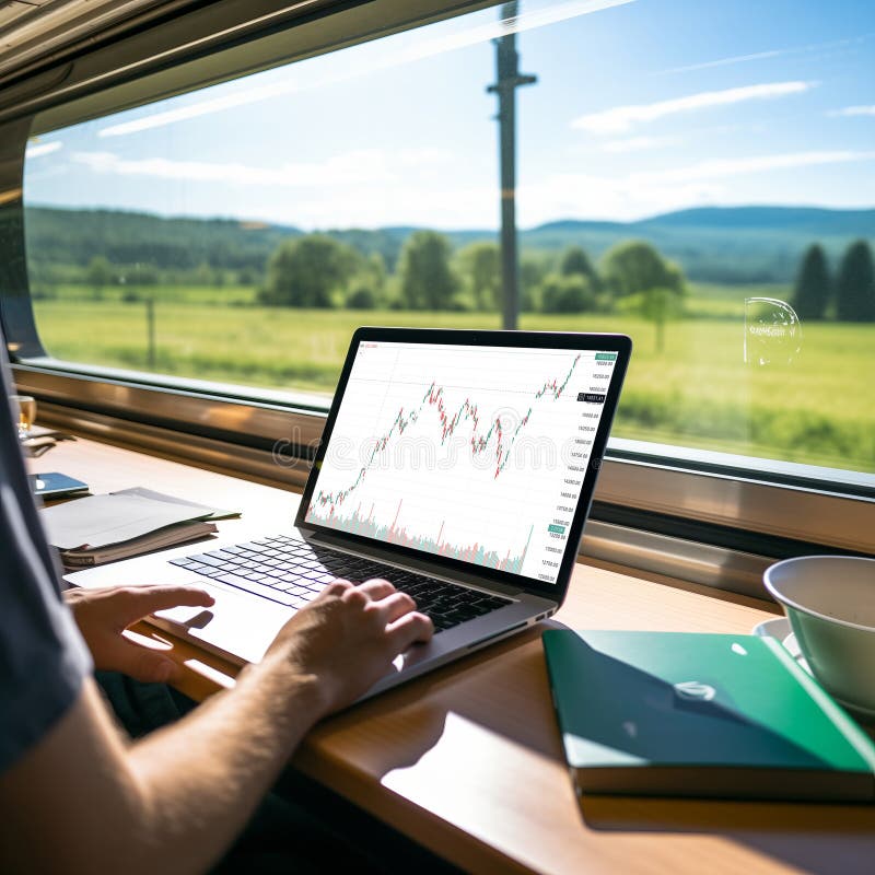 Digital Nomad Work Inside the Train and View of Landscape through ...