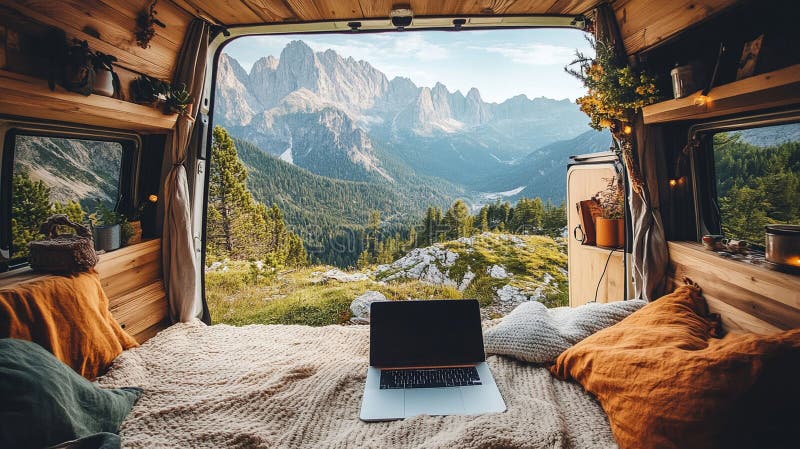 Nomad Working Inside a Camper Van with a Laptop Stock Illustration ...