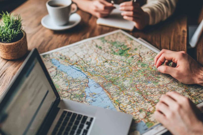 Digital Nomads Planning Their Next Journey Using a Map and Laptop Stock ...