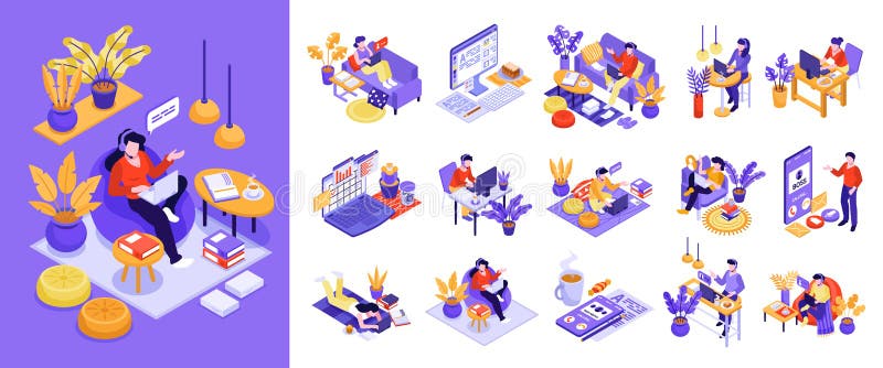 Digital Nomads and Virtual Collaboration Icon Collection Stock ...