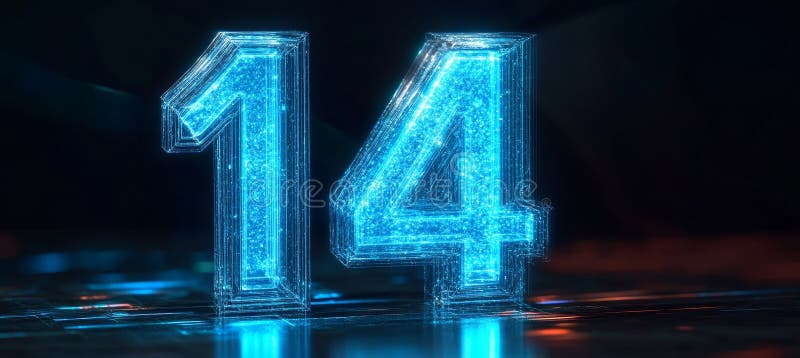 Digital Number 14, Illuminated Abstract Glowing Blue Neon Light ...