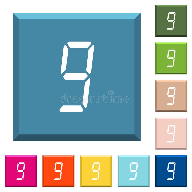 Digital Number Nine of Seven Segment Type White Icons on Edged Square ...