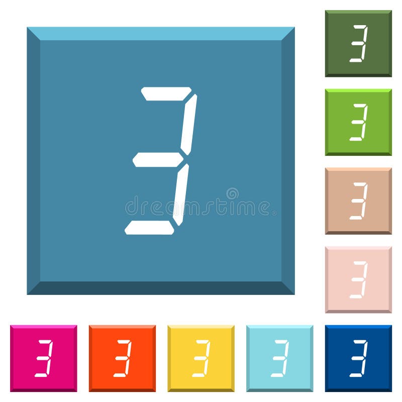 Digital Number Three of Seven Segment Type White Icons on Edged Square ...