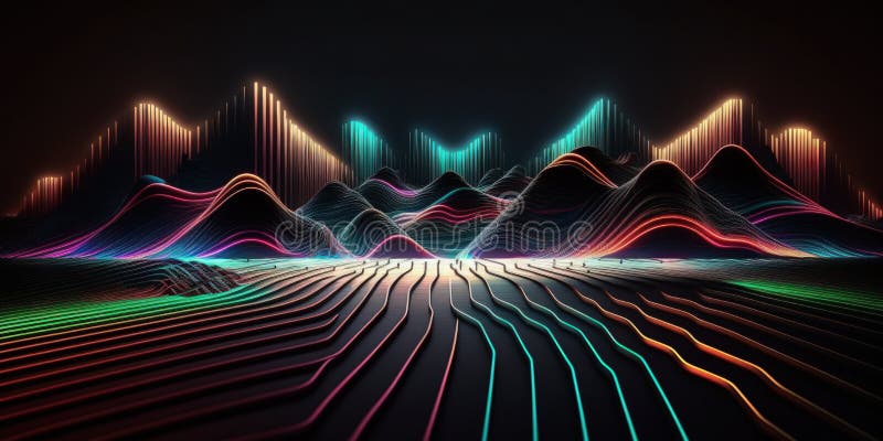 Digital Ocean of Neon Lines in the Dark Digital Illustration Art Stock ...