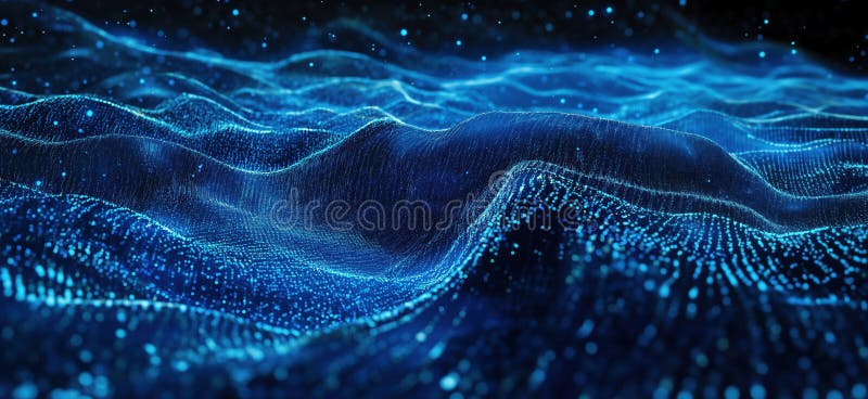 Digital Ocean Waves Visualization with Glowing Blue Particles Creating ...