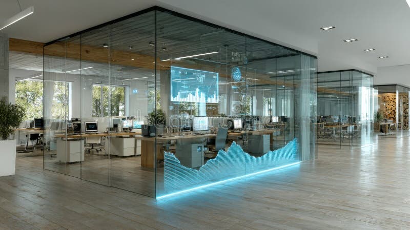 Digital Office Interior Featuring Glass Meeting Rooms and Data Graphics ...