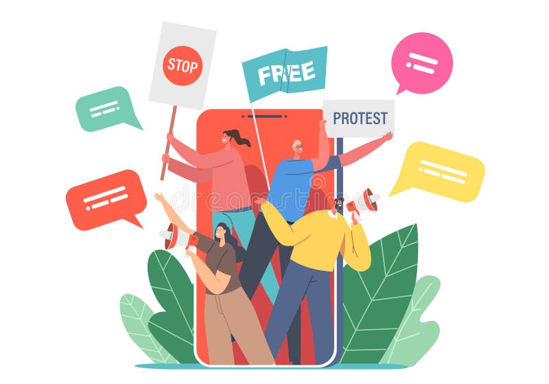 Digital Online Protest Concept. People on Huge Smartphone Screen ...