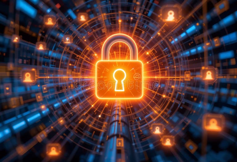 Digital Orange Lock Symbolizing Cybersecurity in Technology Theme ...