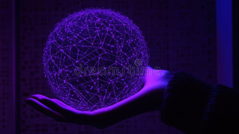 Digital Orb Hand Holding Luminous Network Sphere in Dark, Futuristic ...