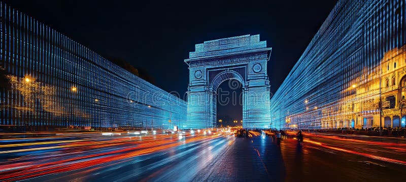 Digital Outline of Archway in Night Cityscape, Modern Architecture and ...