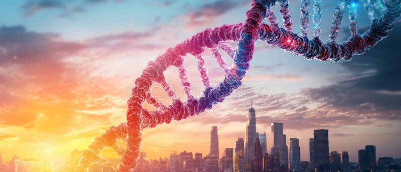 Digital Overlay of DNA Strands Over Cityscape Symbolizes Science ...