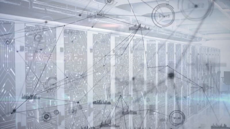 Digital Overlay Fading Over Server Cabinets Linking Nodes and Pulsing Charts Visualizing Data ...