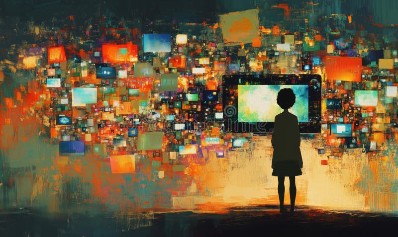 Digital Overload: Child Silhouette Surrounded by Colorful Screens and ...
